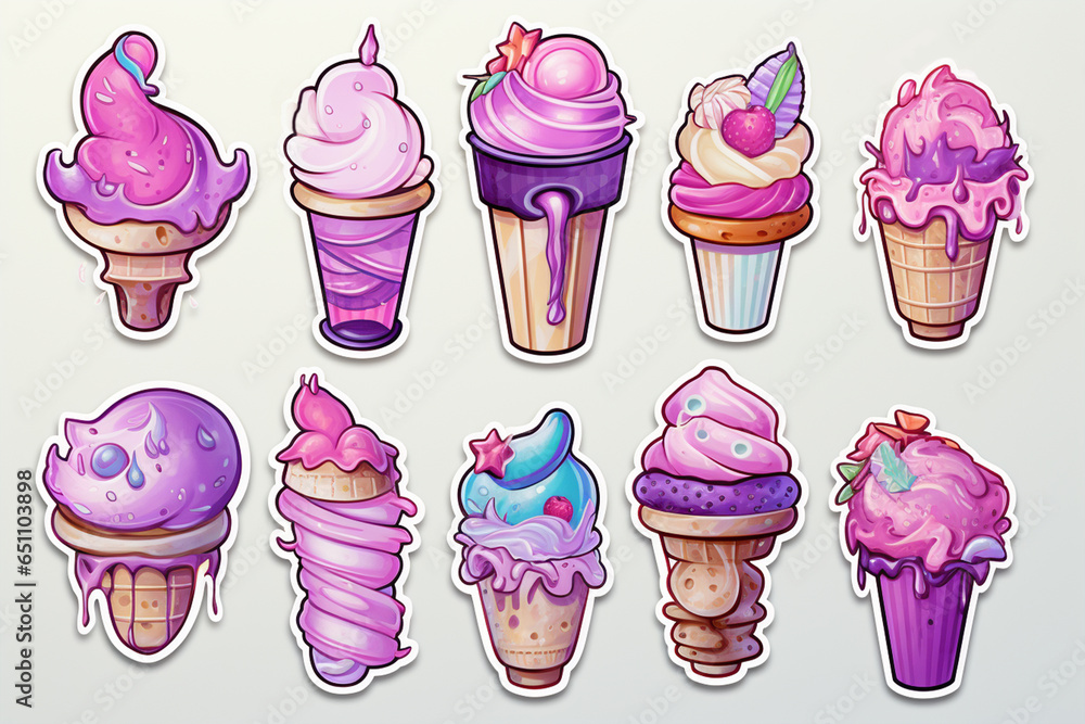 Ice cream Stickers, Flat cute ice cream cone sticker pack, A set of ice ...
