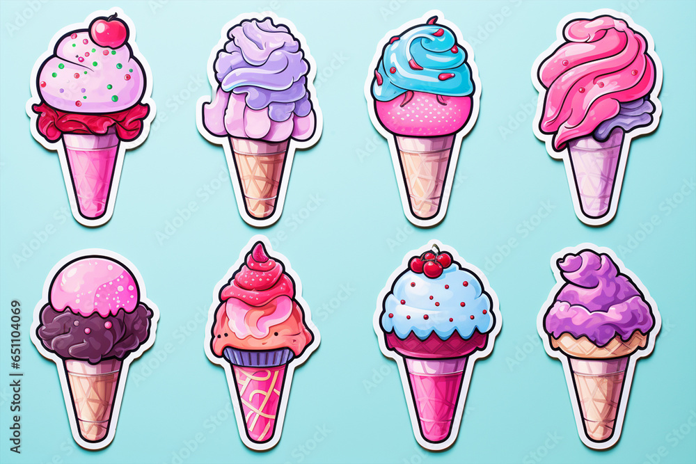 Ice cream Illustration, Flat cute ice cream cone sticker pack, A set of ...