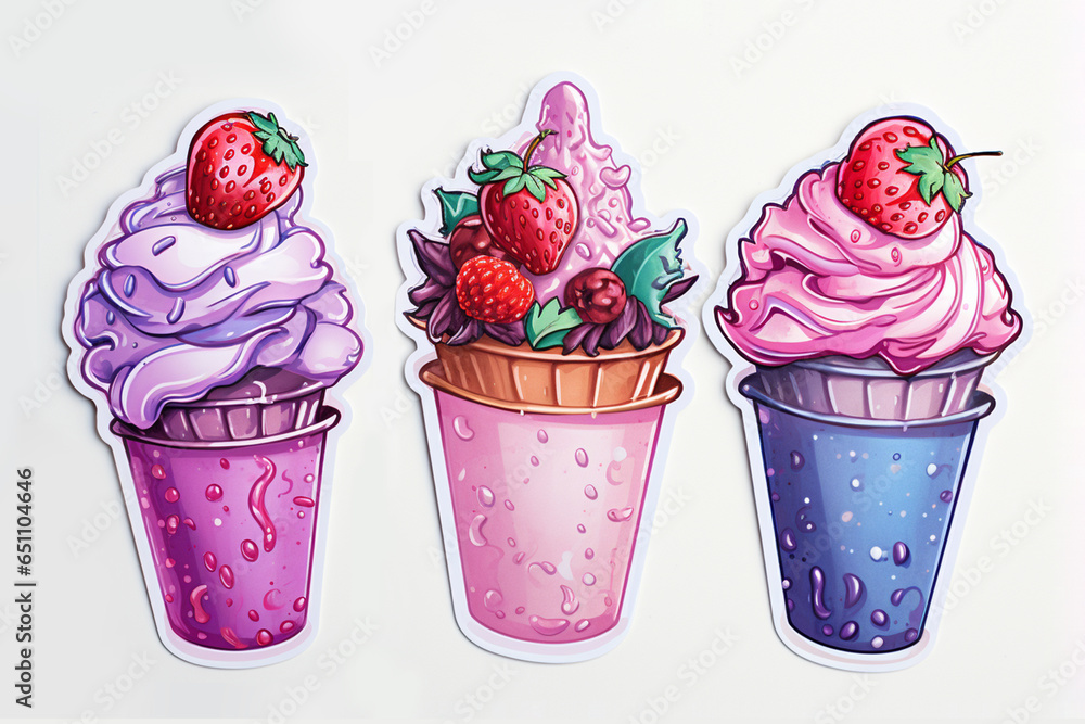 ภาพประกอบสต็อก Ice cream Illustration, Flat cute ice cream cone sticker ...