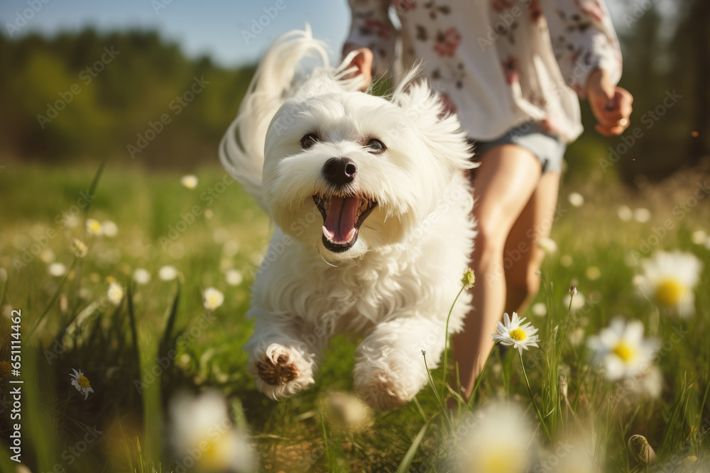 Cute little dog running on field with his unrecognisable owner in the ...