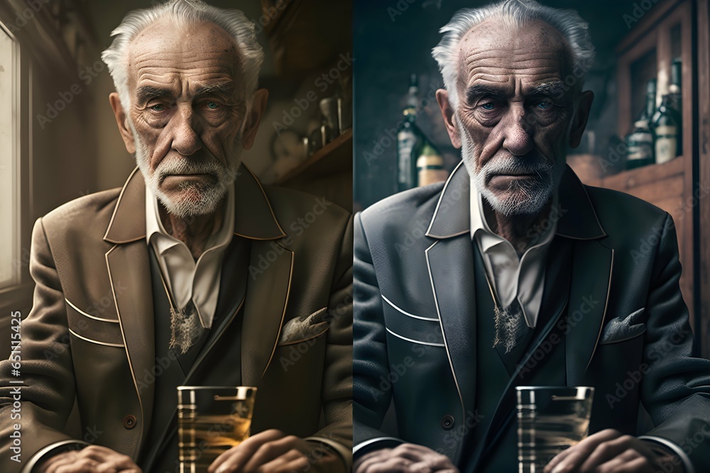 split screen photo same old man with two different lives one life of ...