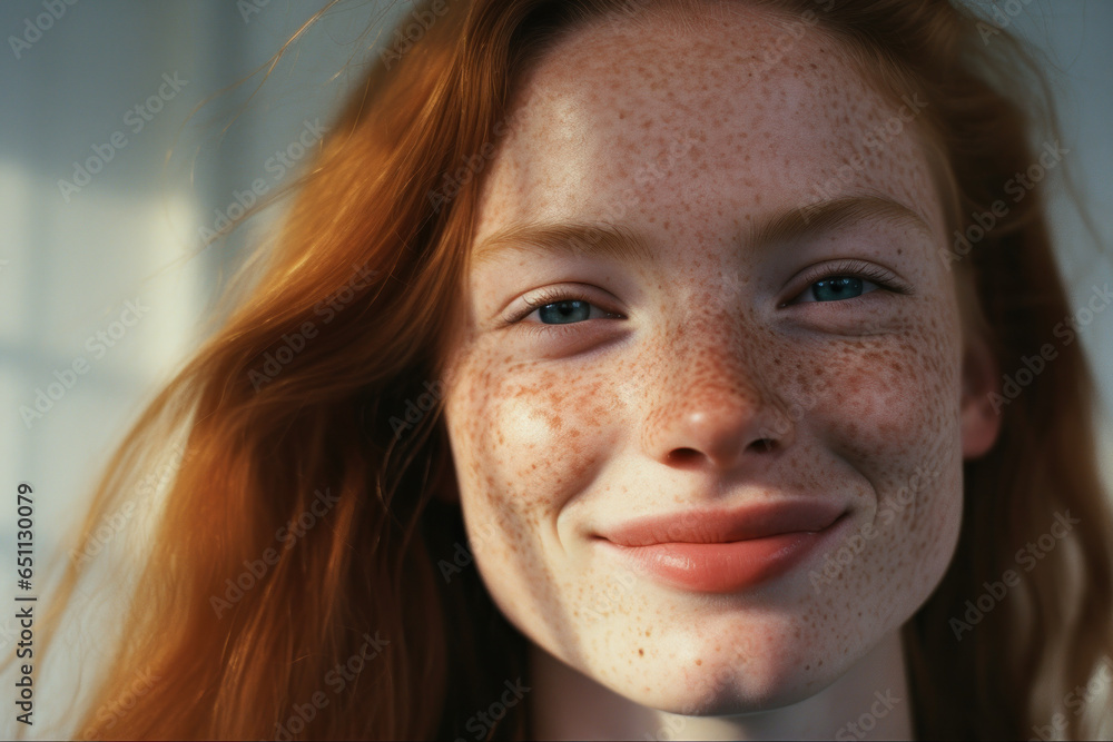 close up of a young natural smiling ginger copper redhead woman with ...