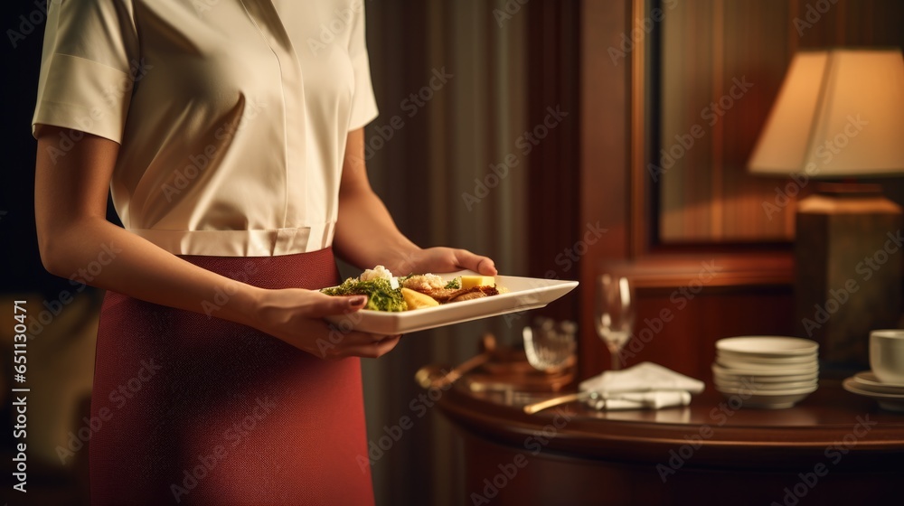 Waitress in uniform delivering tray with food in a room of hotel ...