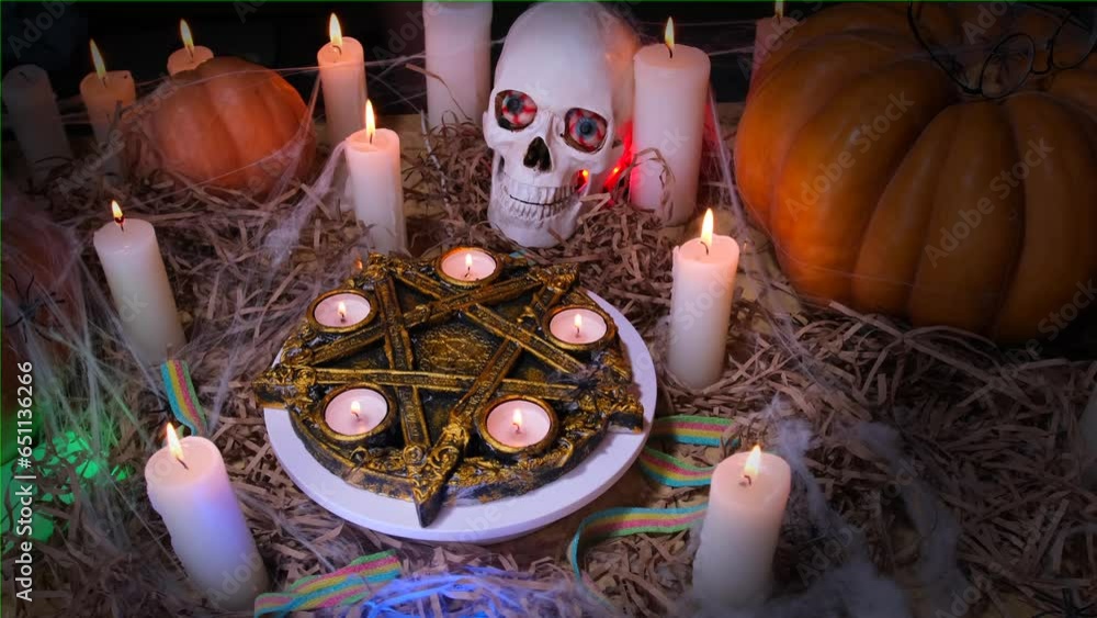Vidéo Stock In dark crypt Halloween decoration rotating pentagram among ...