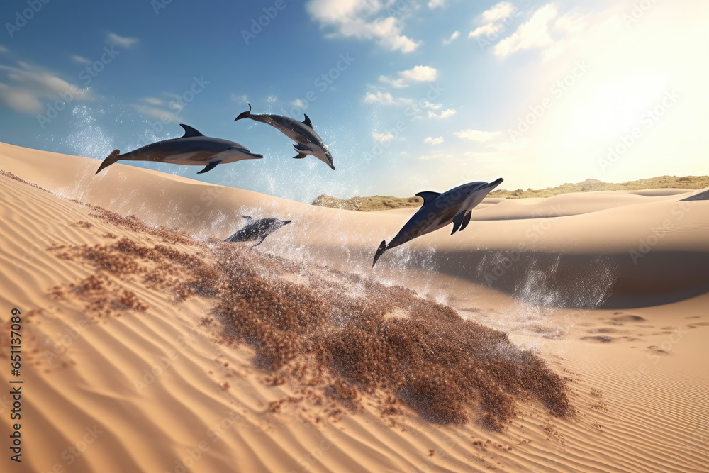 Dolphins jumping and swimming in the sand dunes of desert, Generative ...