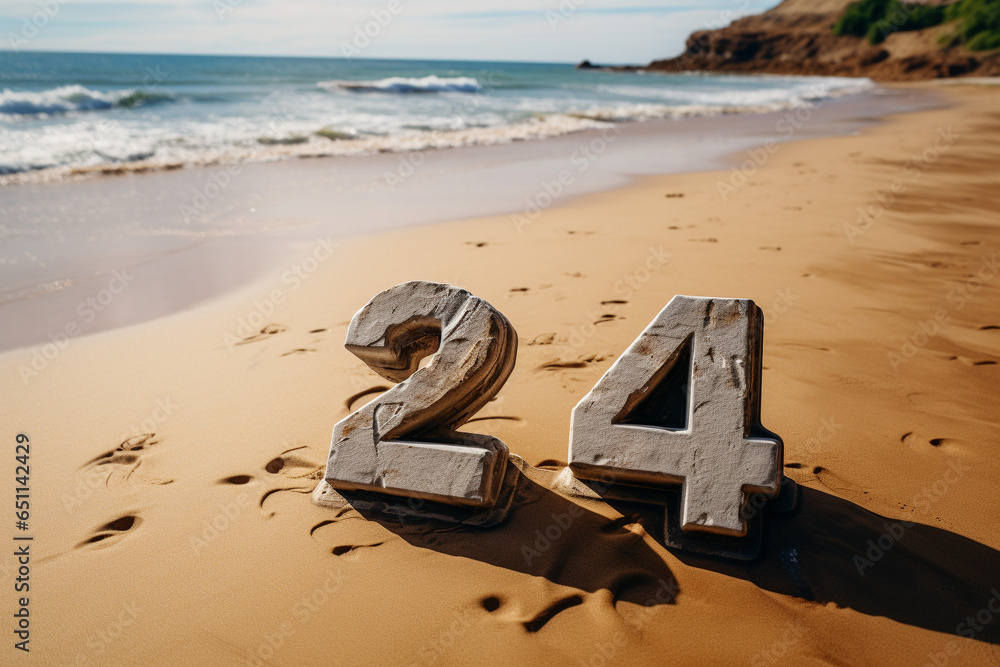 New year 2024 concept 24 number 3d sign on beach sand , Generative ai ...