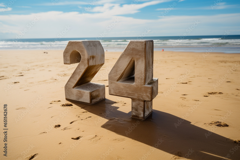 New year 2024 concept 24 number 3d sign on beach sand , Generative ai ...
