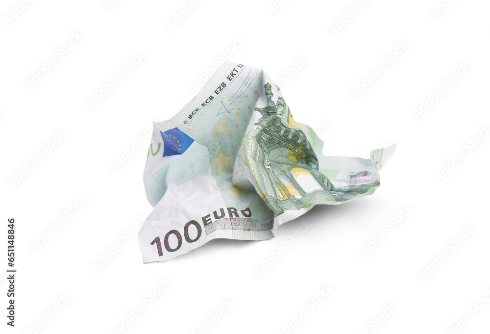 A crumpled 100 Euro banknote lying on the ground after being thrown ...