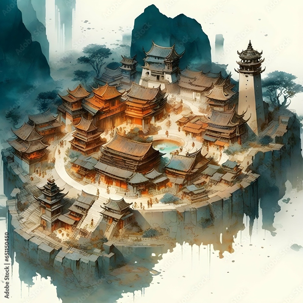 Antique map of an immense sprawling ancient Chinese walled City fantasy ...