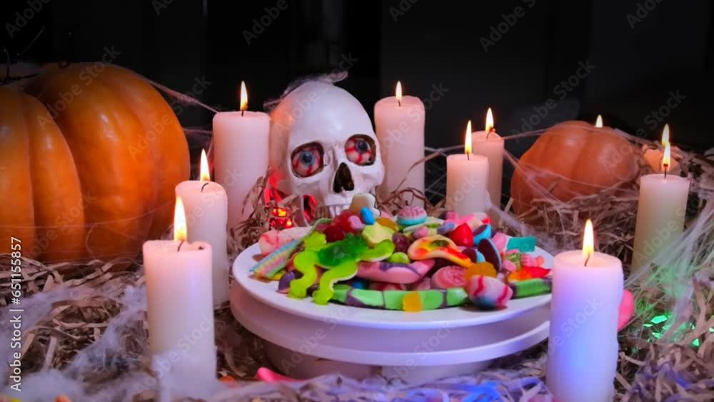 Sweets on spinning plate fast motion close up, falling candy, burning ...