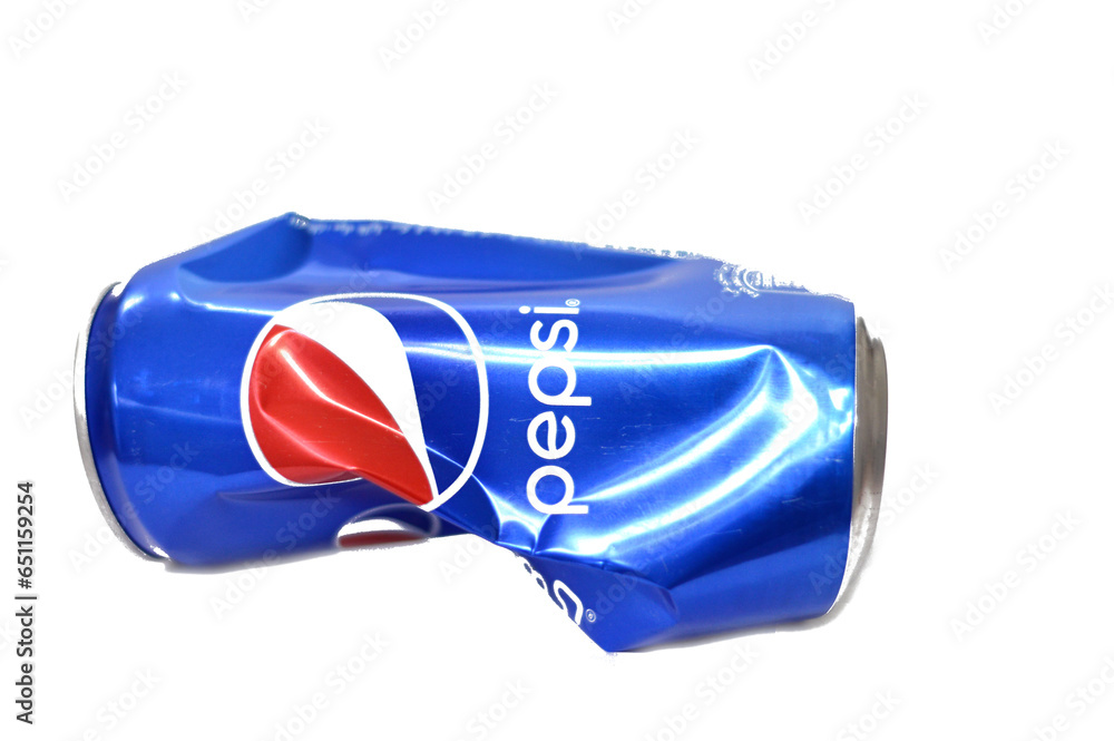 Cairo, Egypt, September 19 2023: Crushed dented Pepsi can, Cola flavor ... Cairo, Egypt, September 19 2023: Crushed dented Pepsi can, Cola flavor ...