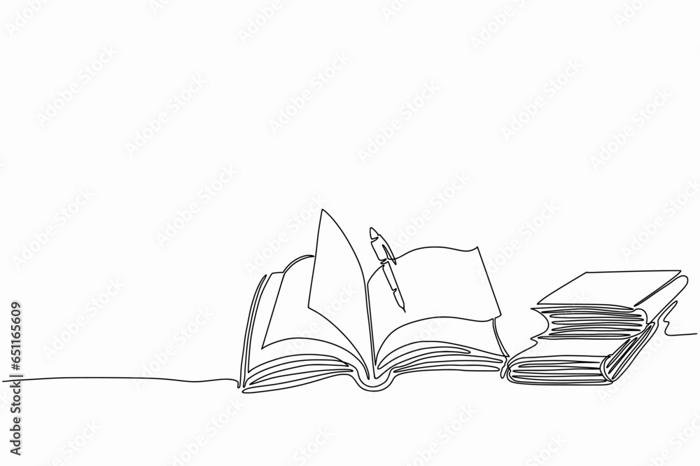 book opening and a pen beside a heap of books, Single continuous line ...