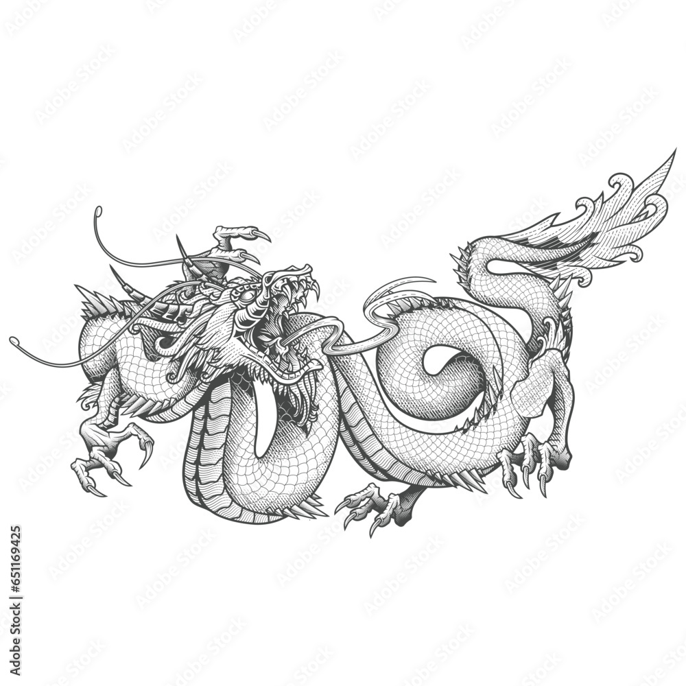 Oriental Asian dragon zodiac sign. Vector illustration in engraving ...
