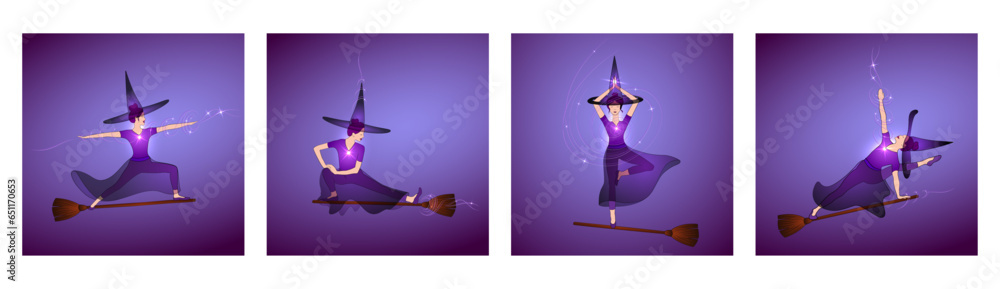 Halloween Witches Doing Yoga Postures Slim Young Witches Women In Hatha Yoga Poses Standing On