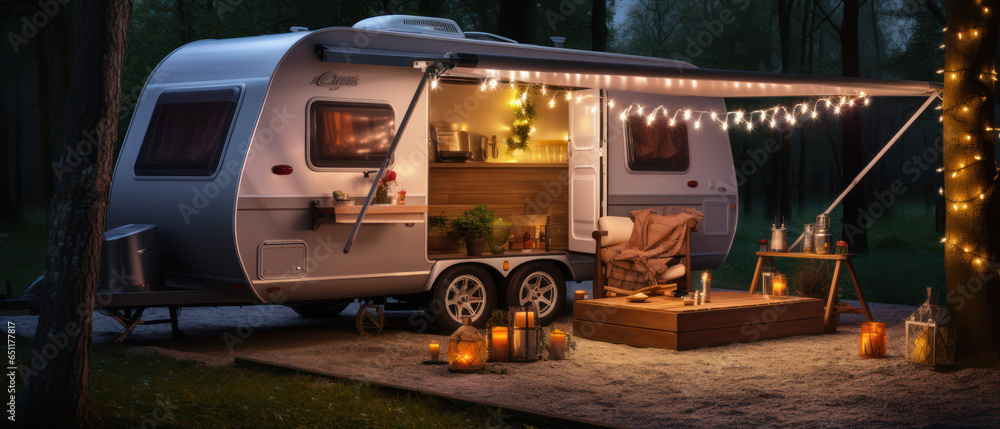 Outdoor Caravan Trailer in Campsite with Decorations and Picnic Setup ...
