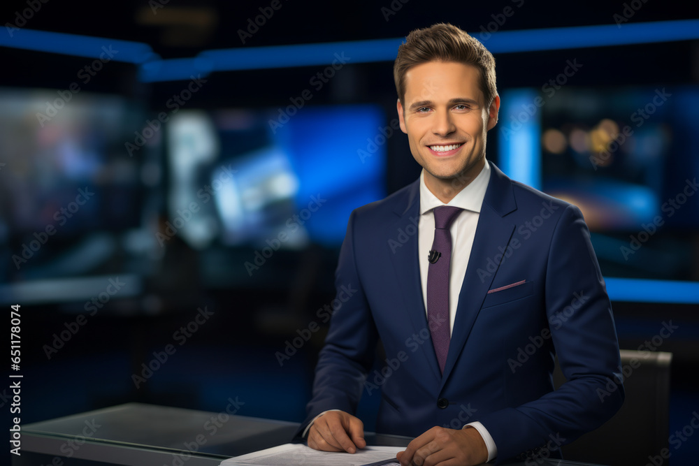 Zdjęcie Stock: TV news presenter in action on a popular channel ...