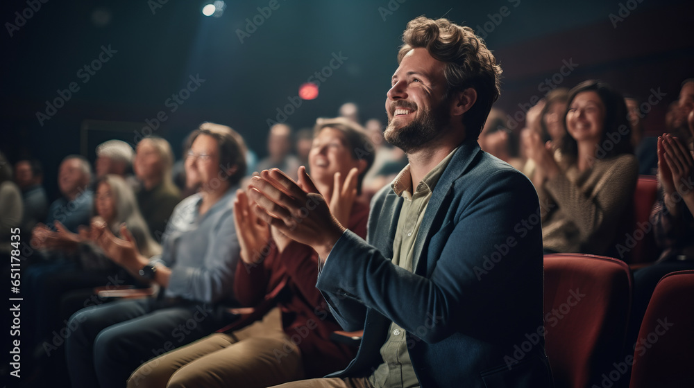Man in a audience in a theater applauding clapping hands. cheering and sitting together and ...