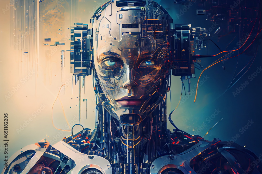 Portrait of female robot, android face. Humanoid robot woman with ai. Cybernetic robotic ...