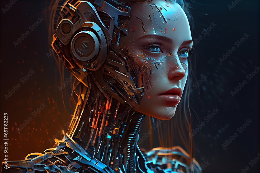 Portrait of female robot, android face. Humanoid robot woman with ai. Cybernetic robotic ...