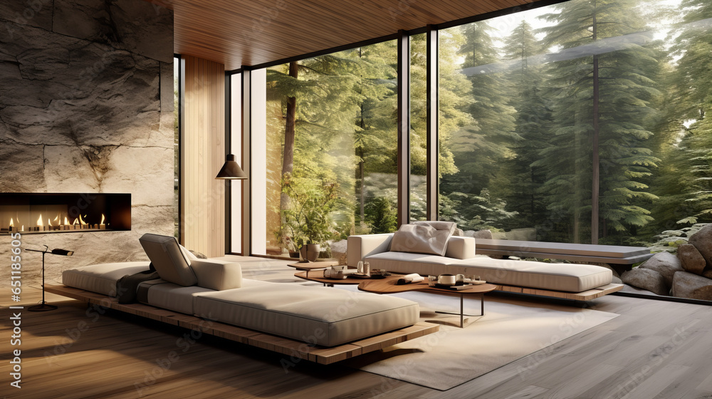 Biophilic Design - A serene living room with floor-to-ceiling windows ...