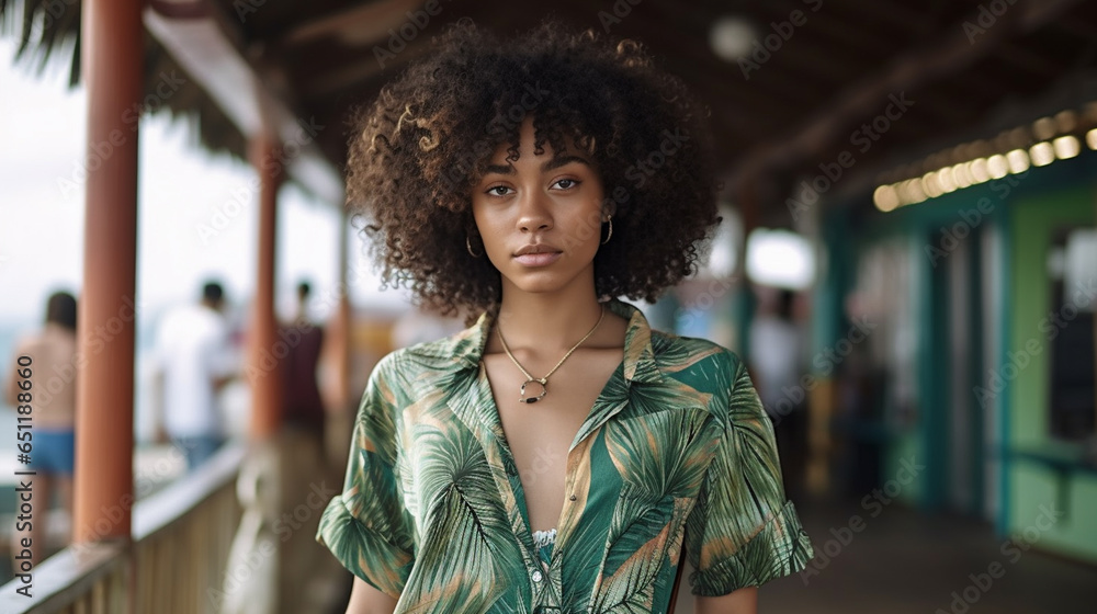an adult woman on vacation on a veranda or port during transport to an ...
