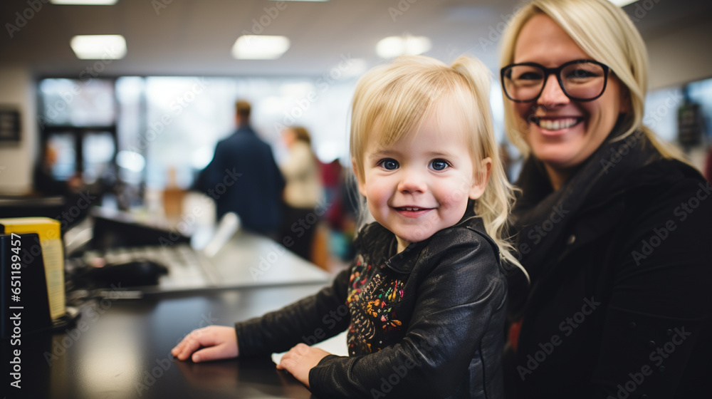 a cute toddler girl, child is lifted up to the counter at the checkout ...