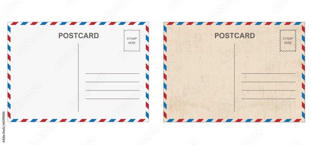 Backside blank travel postcard with dirty stain. Vector Air mail par ...