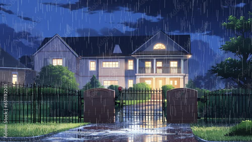 Suburbs, night, two-story house , rain, water puddle, anime loop ...