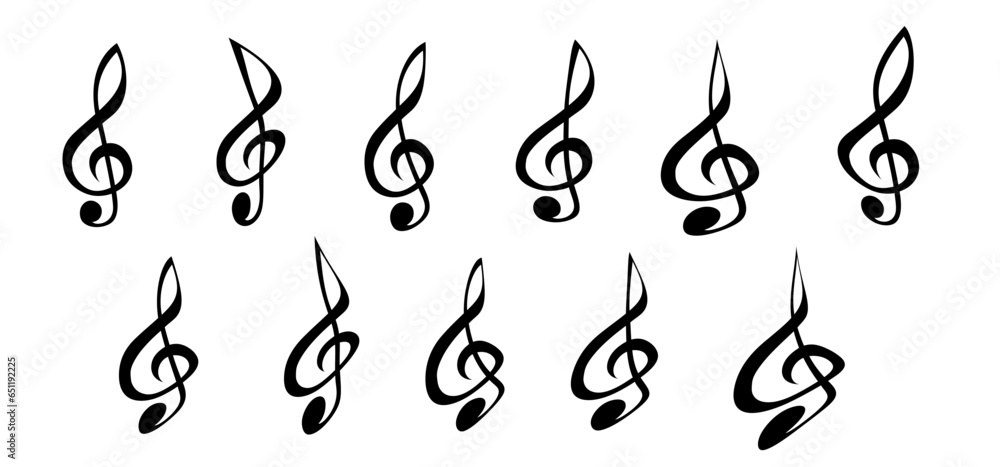 Cartoon, draw, musical notes, black treble clef symbol or icon for ...