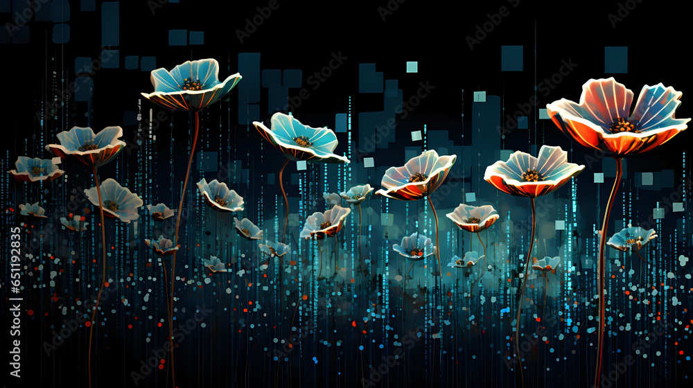 Binary Blooms: Illustration of a garden of binary code flowers in various stages of blooming ...