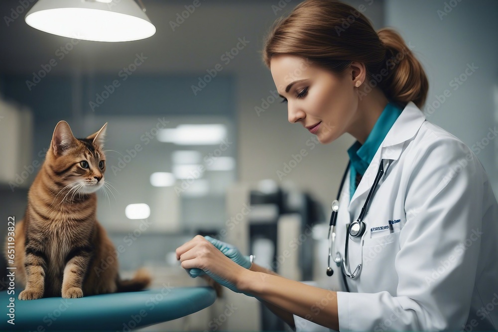 Female vet nurse doctor examining a cute happy cat and making medical ...