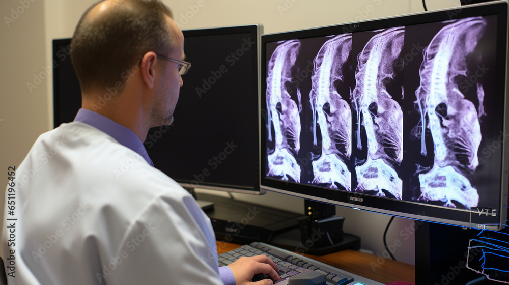 A dental radiologist examining digital dental radiographs on a high ...