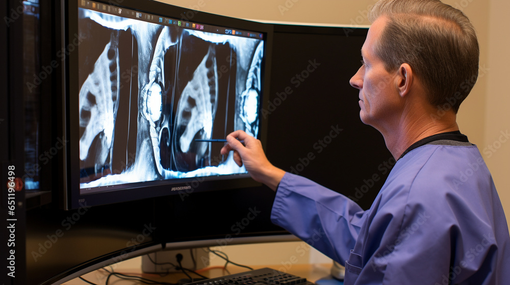 A dental radiologist examining digital dental radiographs on a high ...