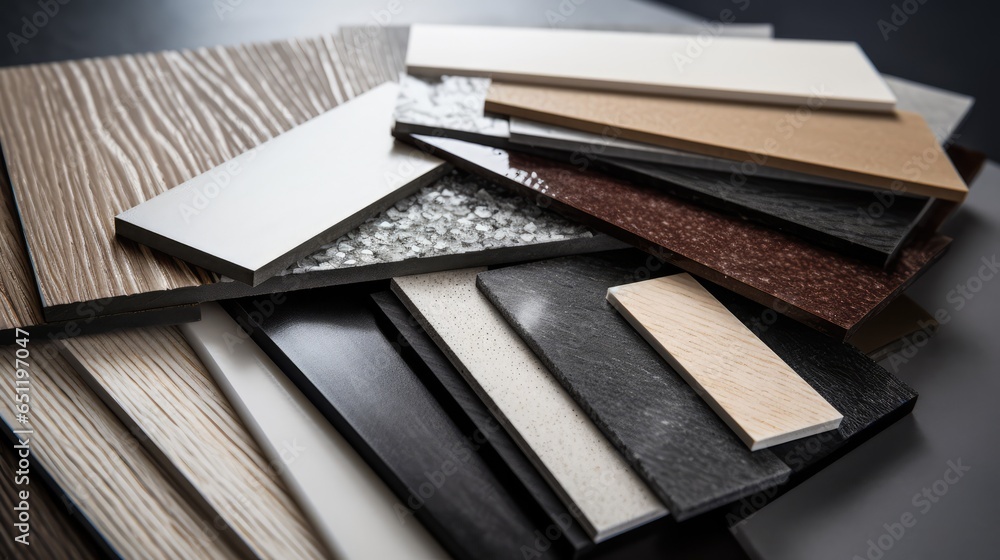 samples of interior material consists concrete tile, wooden laminated ...