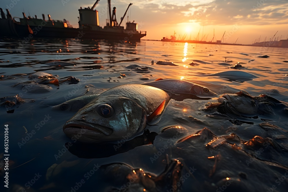 Bloated, dead, poisoned fish lies on the river bank, Environmental ...