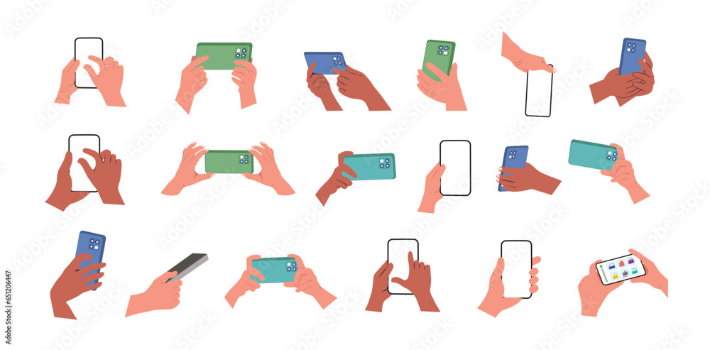Smartphone holding with hand. Fingers touching, tapping, scrolling phone screens, using ...