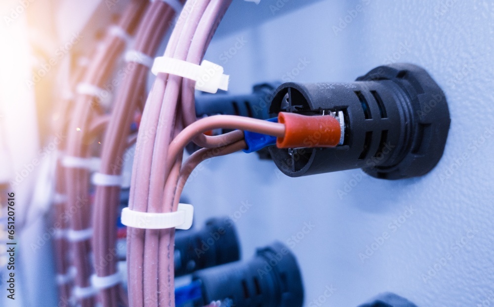 Cable connection of fitting indicator lamp on panel switch board. with ...