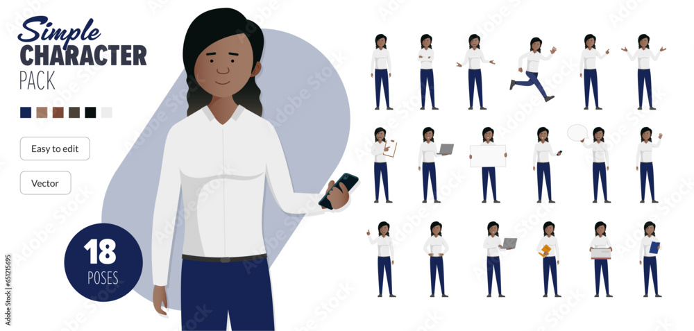 Simple flat female business woman vector character in a set of multiple ...