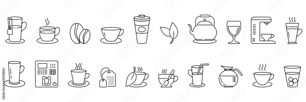 Set of coffee and tea line icons. Cappuccino, iced juice and latte ...