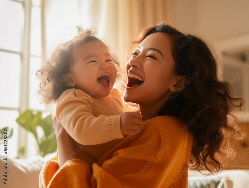 happy family Mother and child hugging each other Young mother shows ...
