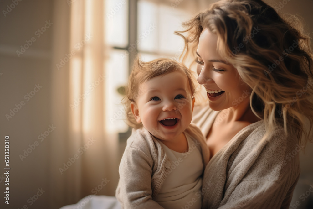 happy family Mother and child hugging each other Young mother shows ...