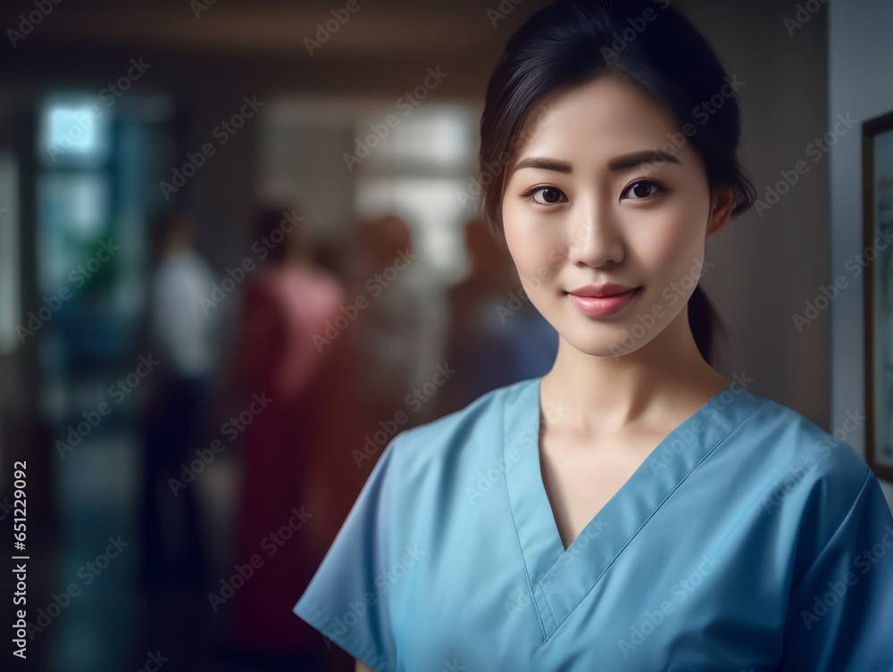 Portrait of a beautiful Asian doctor or a beautiful Asian nurse wearing ...