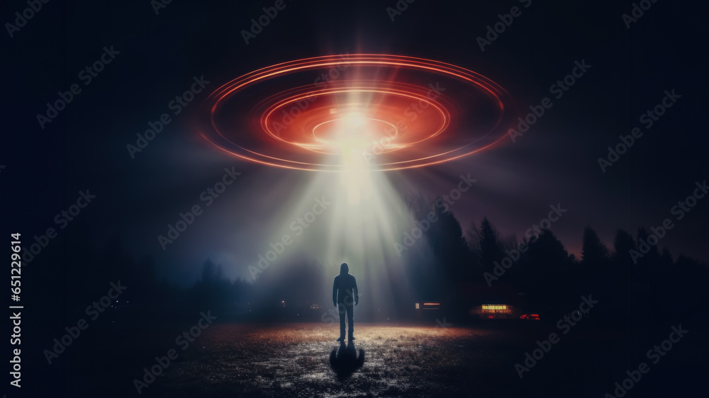 A man looks at a UFO or alien floating above a rice field in the clouds ...