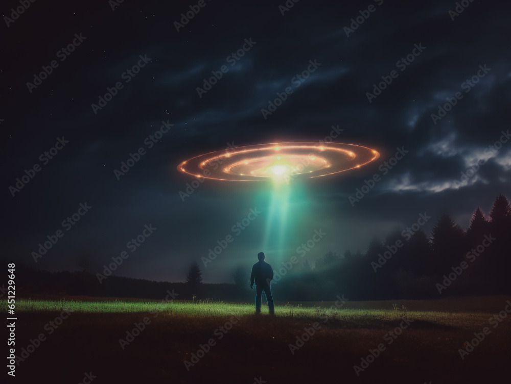 Fotografia do Stock: A man looks at a UFO or alien floating above a ...