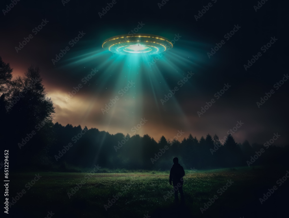 A man looks at a UFO or alien floating above a rice field in the clouds ...