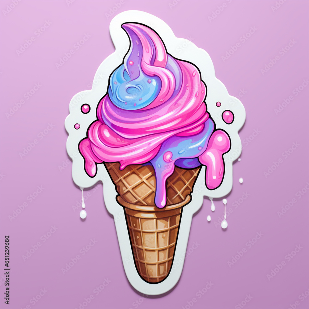 Ice cream Illustration, Flat cute ice cream cone sticker, One ice cream ...