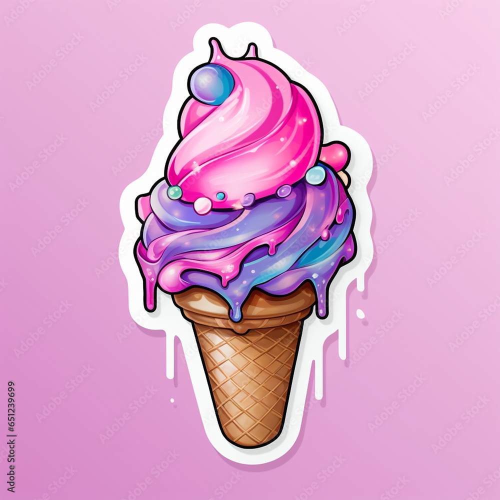 Ice cream Illustration, Flat cute ice cream cone sticker, One ice cream ...