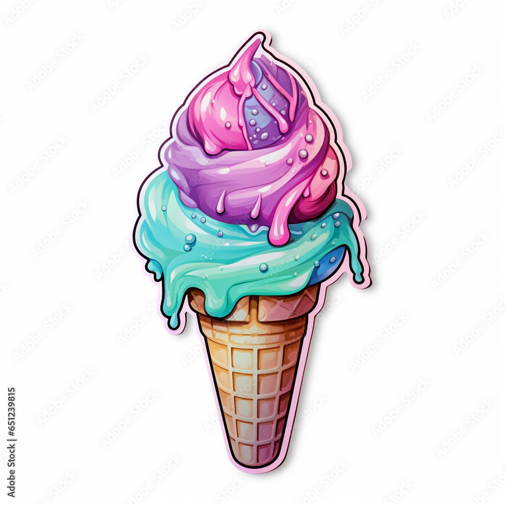 Ice cream Illustration, Flat cute ice cream cone sticker, One ice cream ...