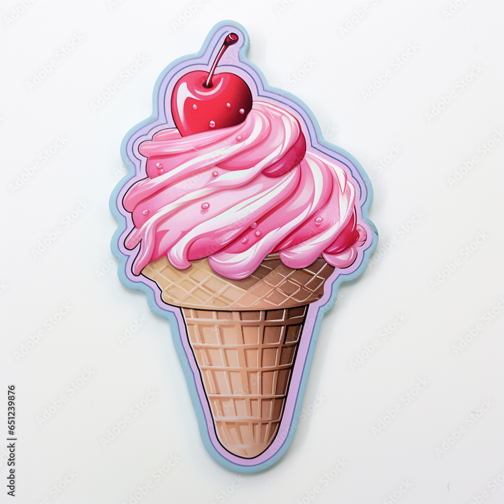 Ice cream Illustration, Flat cute ice cream cone sticker, One ice cream ...