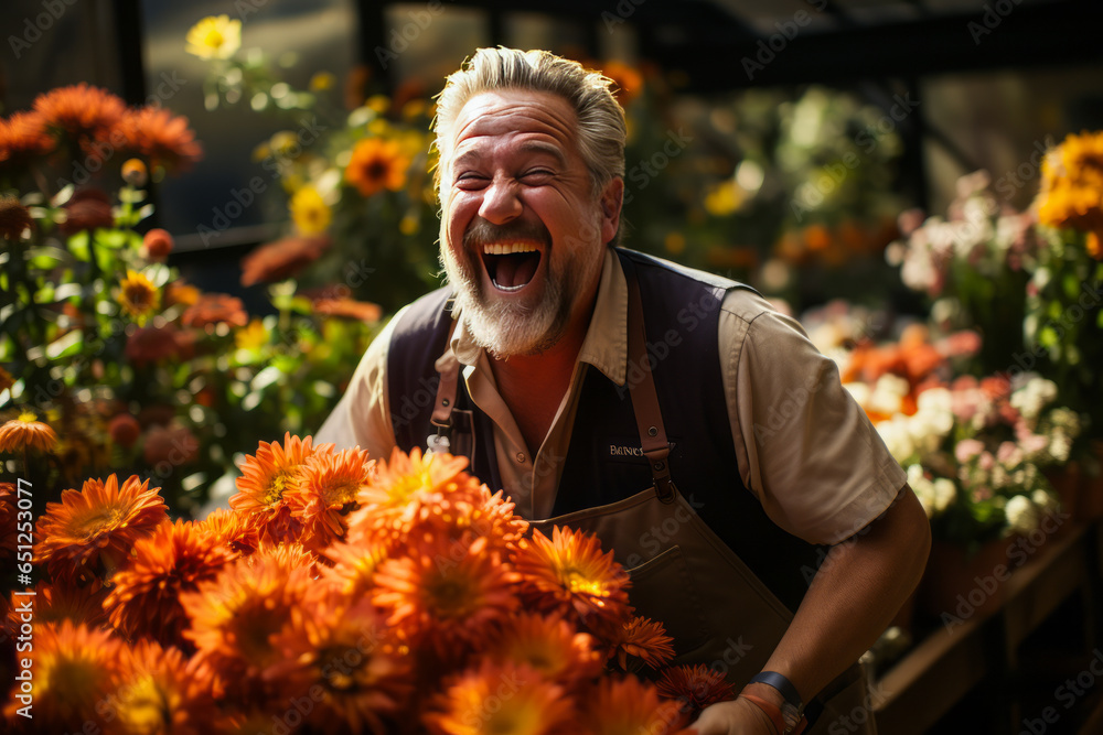 Ecstatic gardener celebrating in a sea of thriving plants and vibrant ...